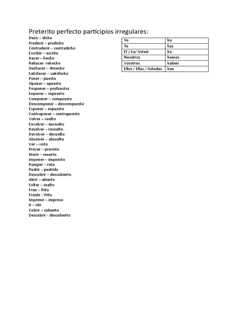 Participios Irregulares en Pretérito Perfecto | PDF