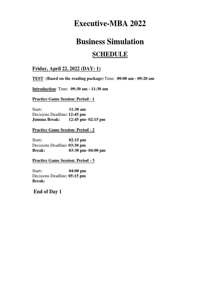 EMBA 2022 Business Simulation Schedule | PDF