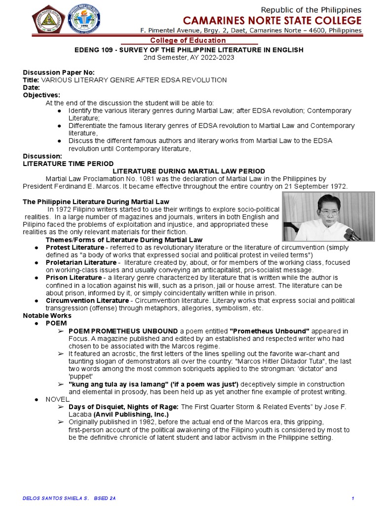 Various Literary Genre After Edsa Revolution - Edeng 109 Discussion ...