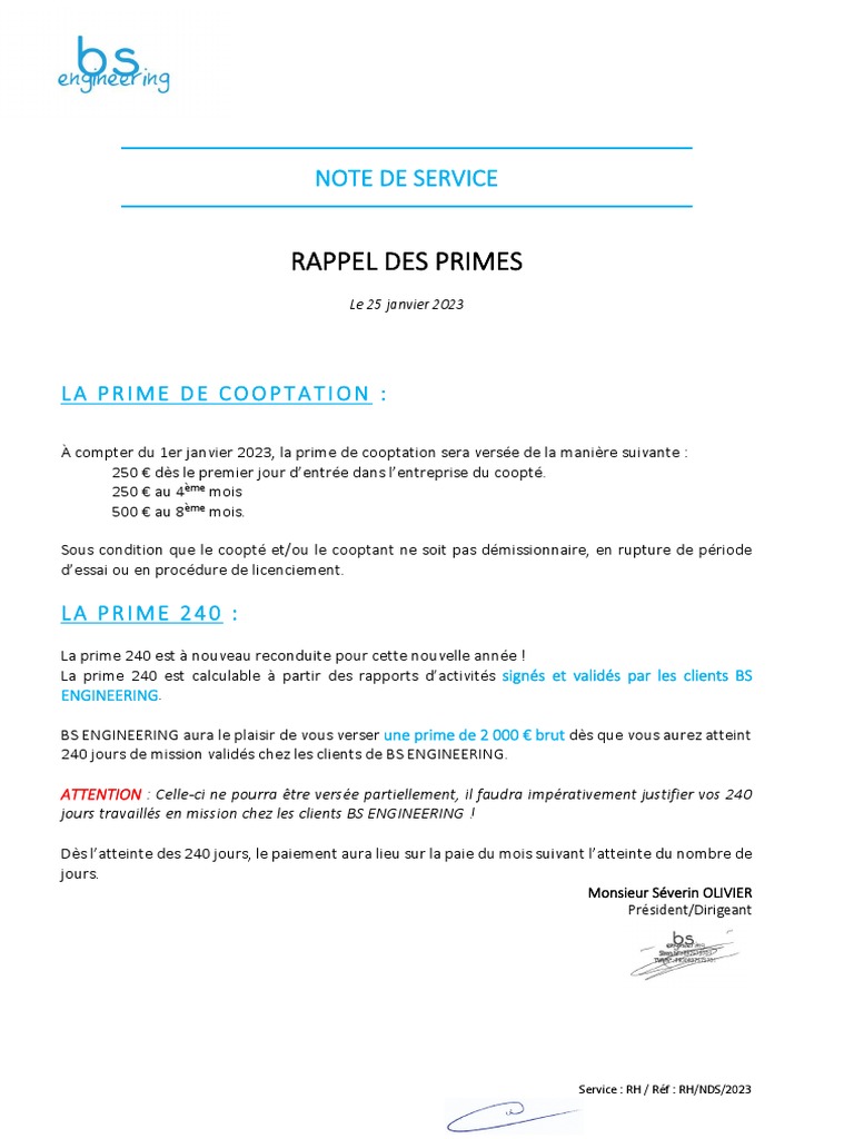 Rappel Des Primes: Note de Service | PDF