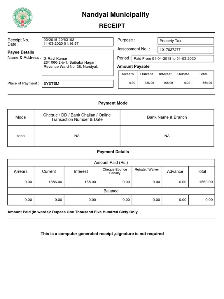 Nandyal Municipality: Receipt | PDF