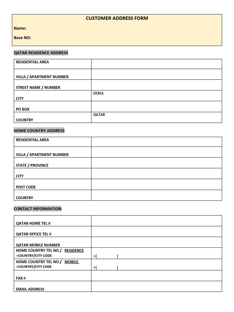 Customer Address Form: Name: Base NO: Qatar Residence Address | PDF