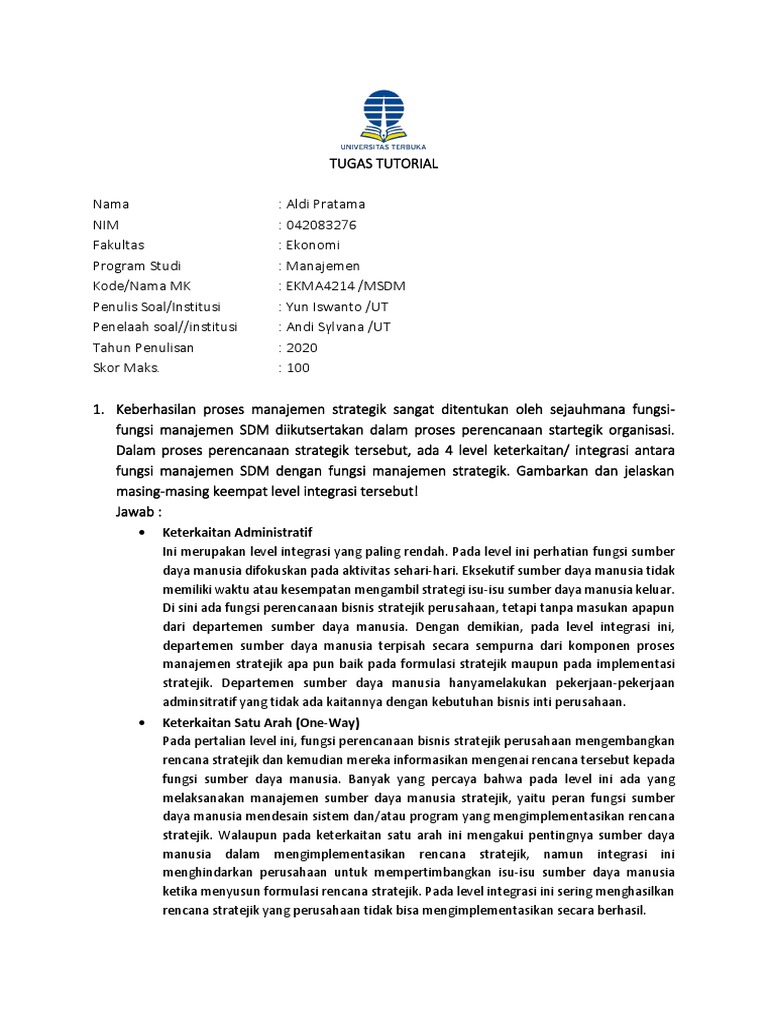 Aldi Pratama (042083276) - Tugas Tutorial 1 Ekma4214 Manajemen SDM | PDF | Bisnis | Pengembangan ...