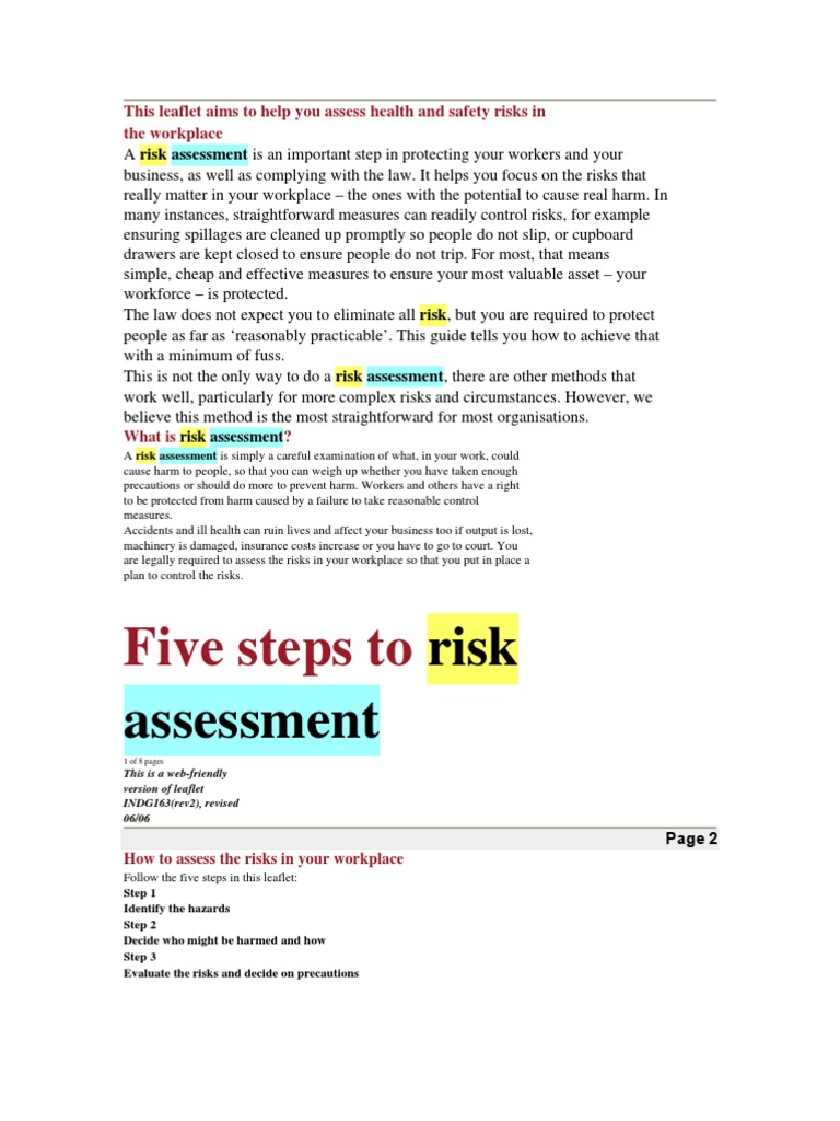 Five Steps To: Risk Assessment | PDF | Occupational Safety And Health ...