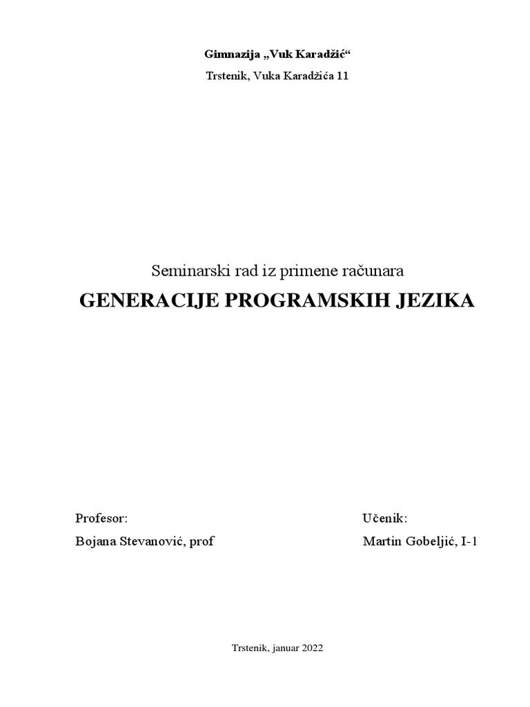 Generacije Programskih Jezika: Seminarski Rad Iz Primene Računara | PDF