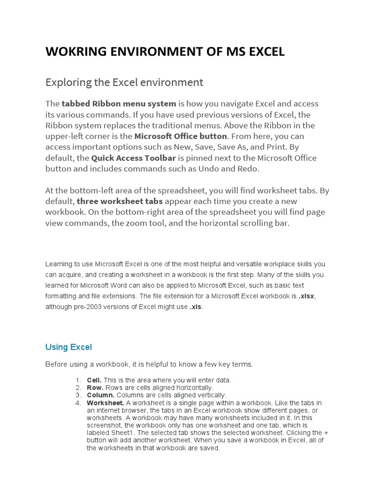 Understanding the Microsoft Excel Environment | PDF | Microsoft Excel ...