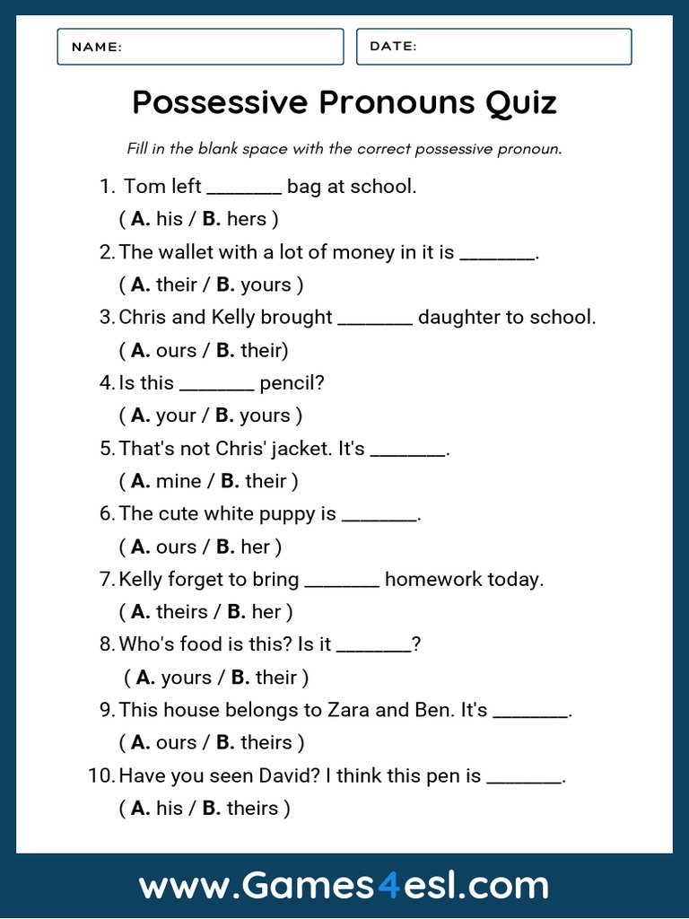 Possessive Pronouns Quiz With Answers PDF | PDF