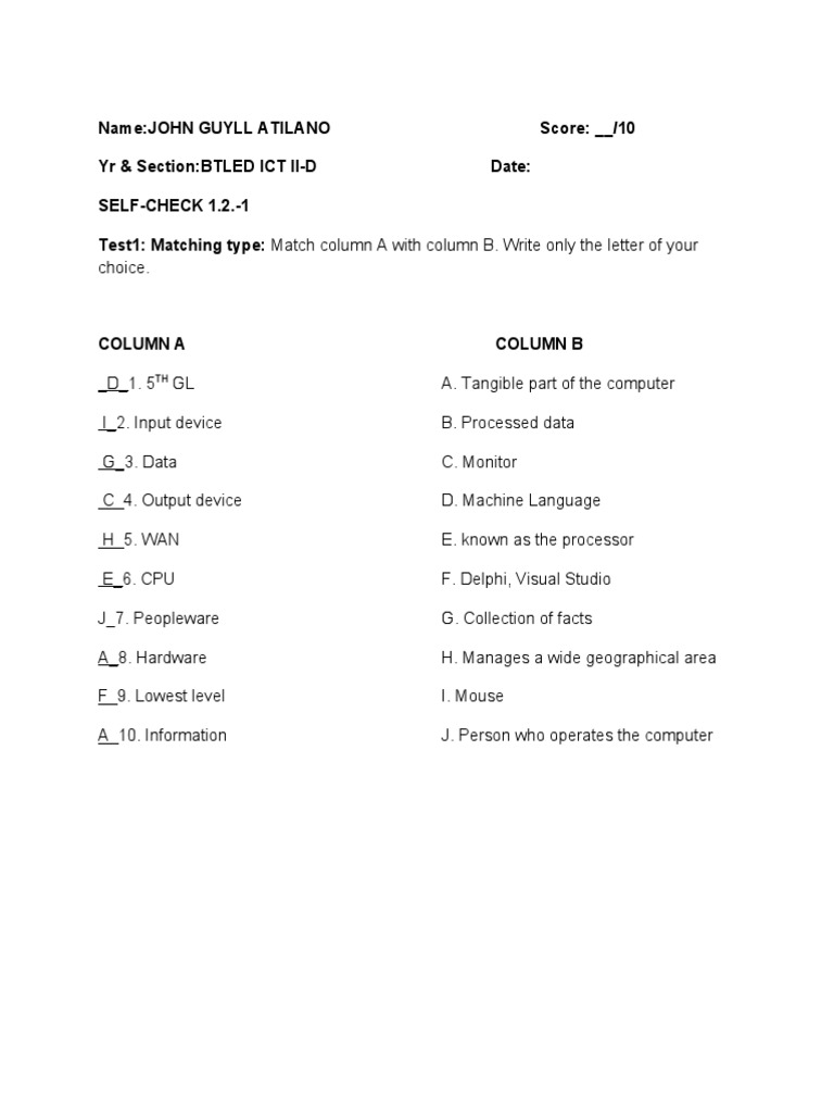 SELF-CHECK 1.2.-1 (Matching Type) | PDF