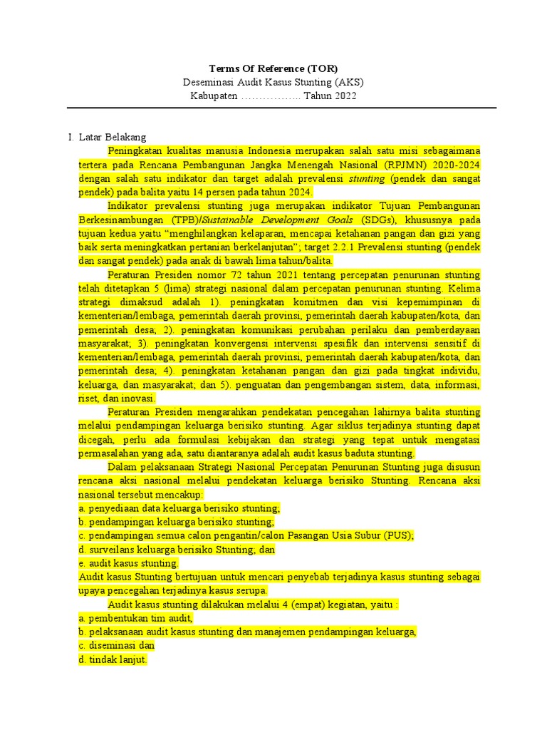 TOR Deseminsi Audit Kasus Stunting (AKS) - Edit | PDF
