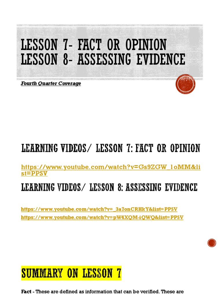Week.8-9.Fact and Opinion & Assessing Evidences | PDF | Evidence | Witness