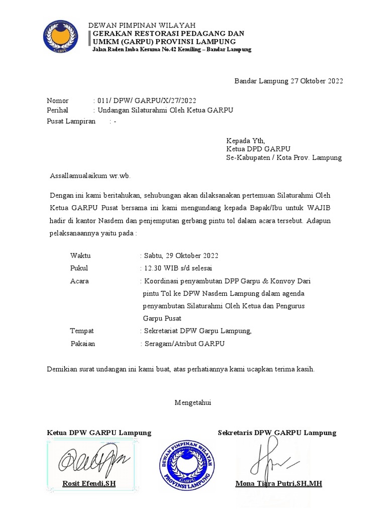 (fix) Undangan Kpada DPD GARPU | PDF