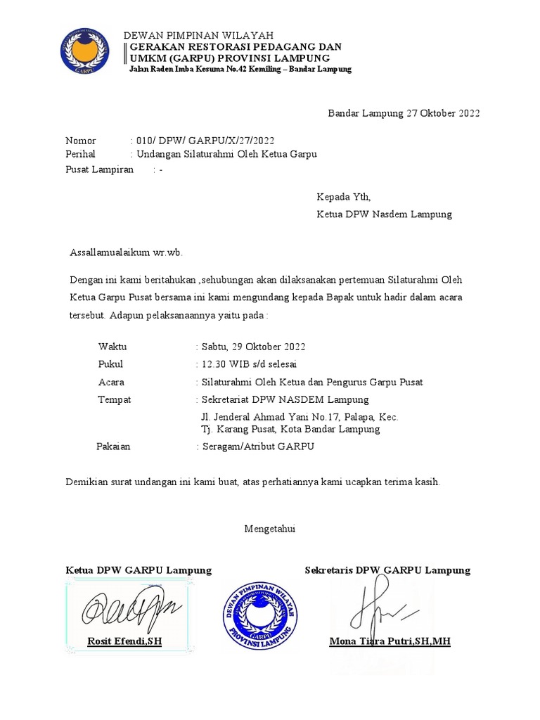 (Fix) Undangan Silaturhami GARPU PUsat Ke Ketua Nasdem | PDF