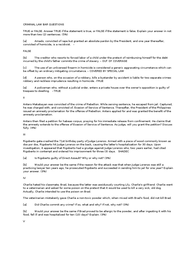 Criminal Law Bar Exam Review Questions | PDF | Fine (Penalty) | Probation
