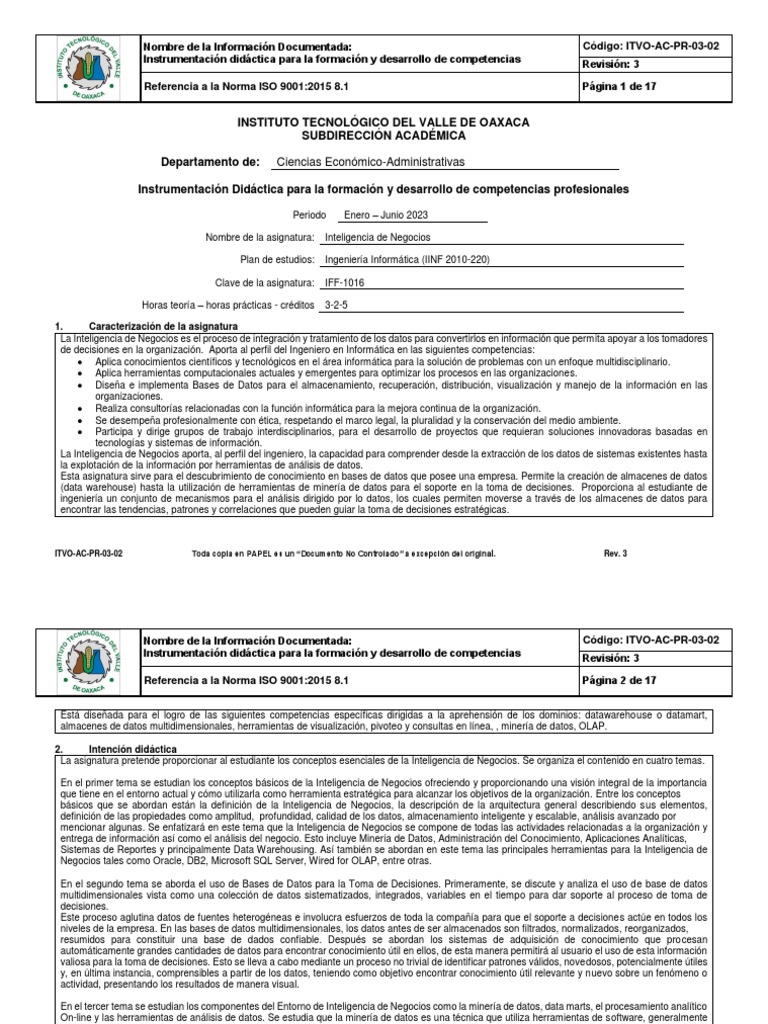 ITVO-AC-PR-03-02 Instrumentación Didáctica Inteligencia de Negocios | PDF | Almacén de datos ...