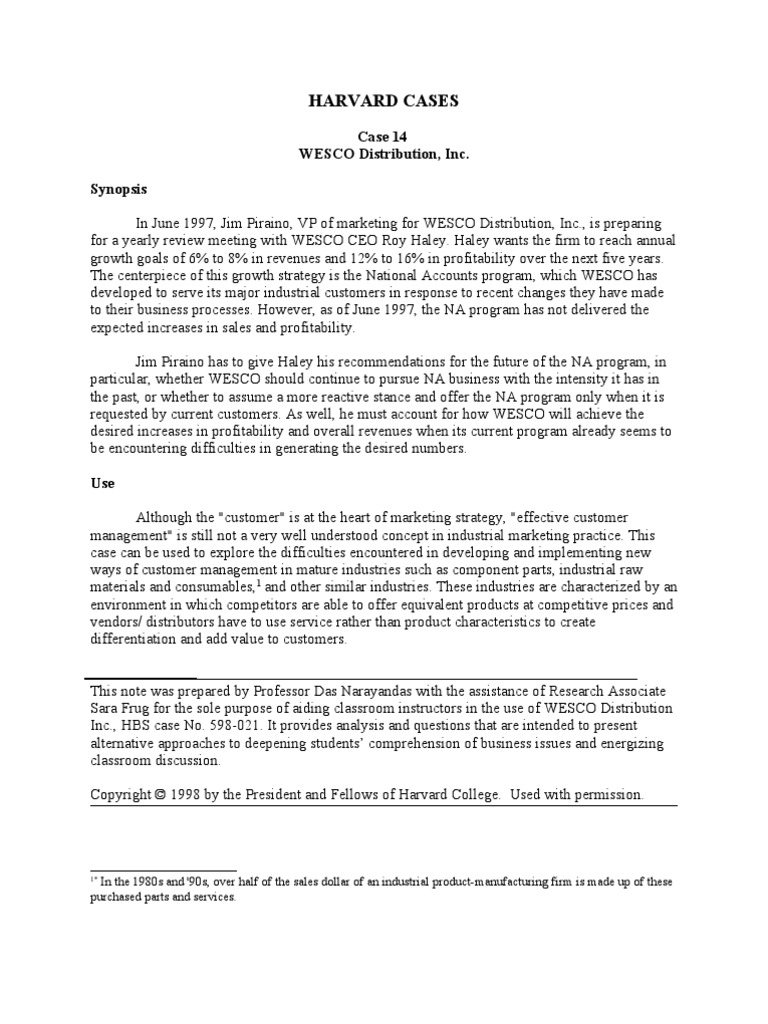 Harvard Cases: Case 14 WESCO Distribution, Inc. Synopsis | PDF | Sales ...