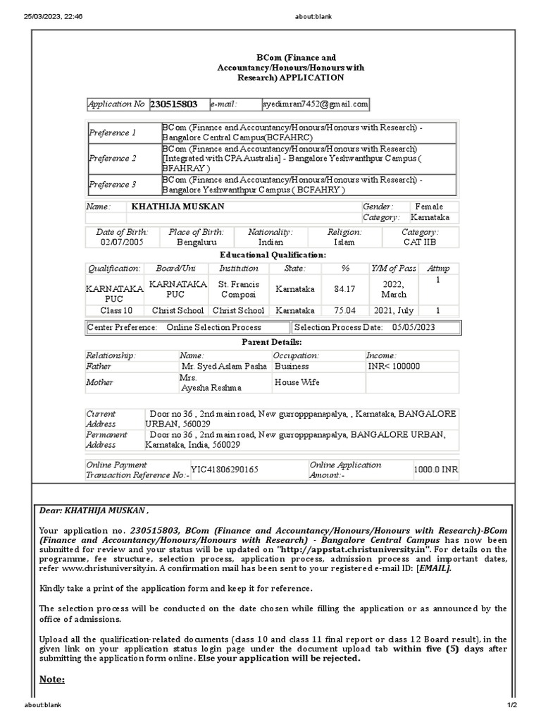 Application Bcom | PDF | Bangalore | Identity Document