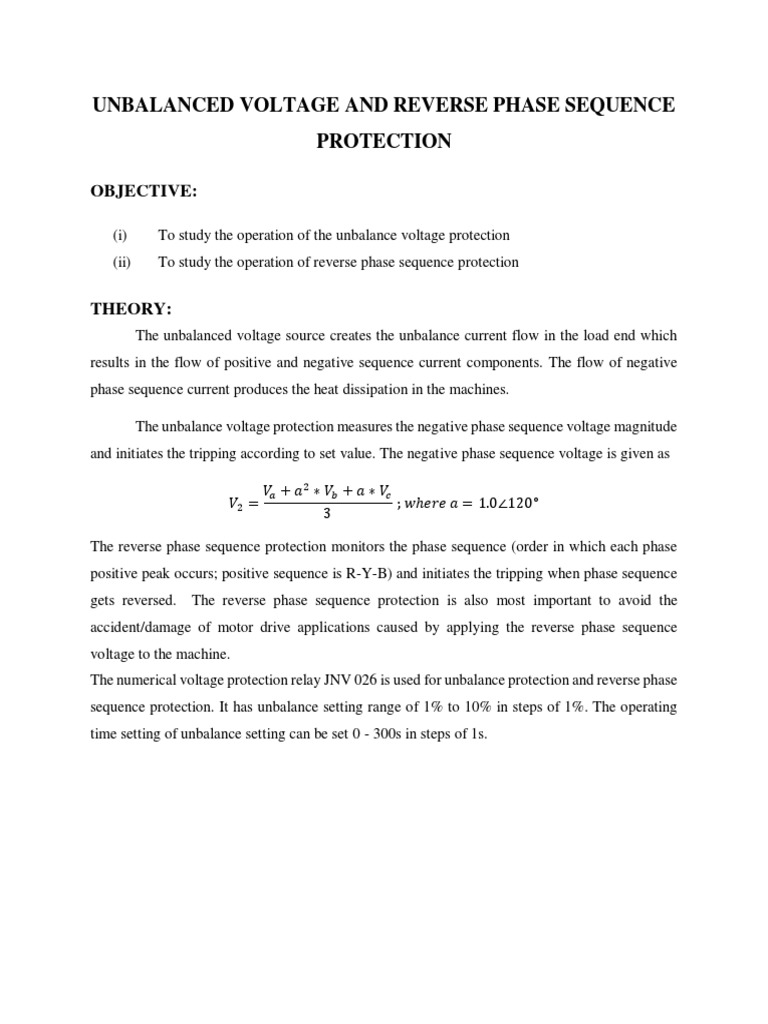 Unbalanced Voltage and Reverse Phase Protection | PDF | Relay | Voltage