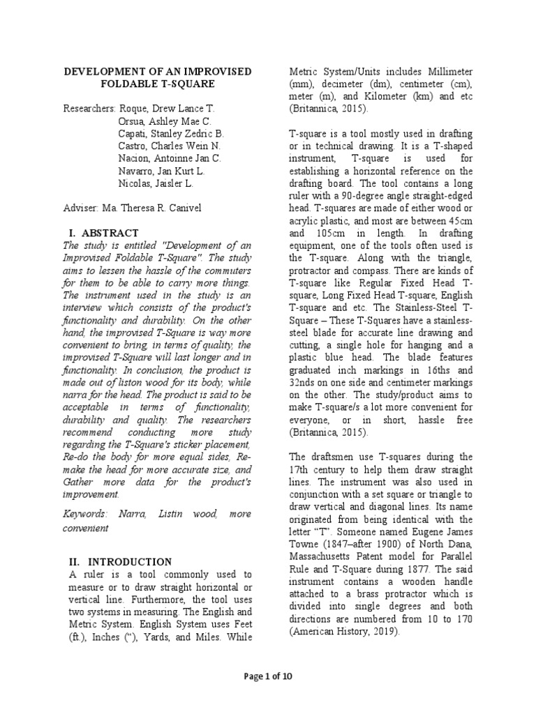 Development of An Improvised Foldable T-Square | PDF | Drill | Measurement