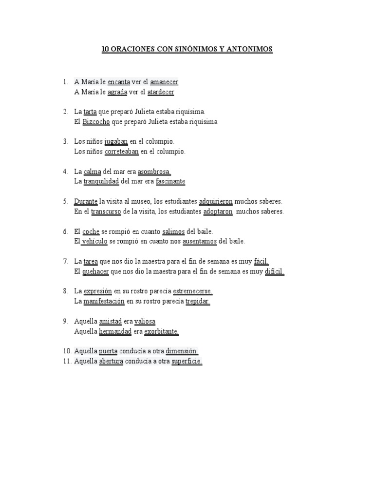 10 Oraciones Con Sinónimos y Antonimos | PDF