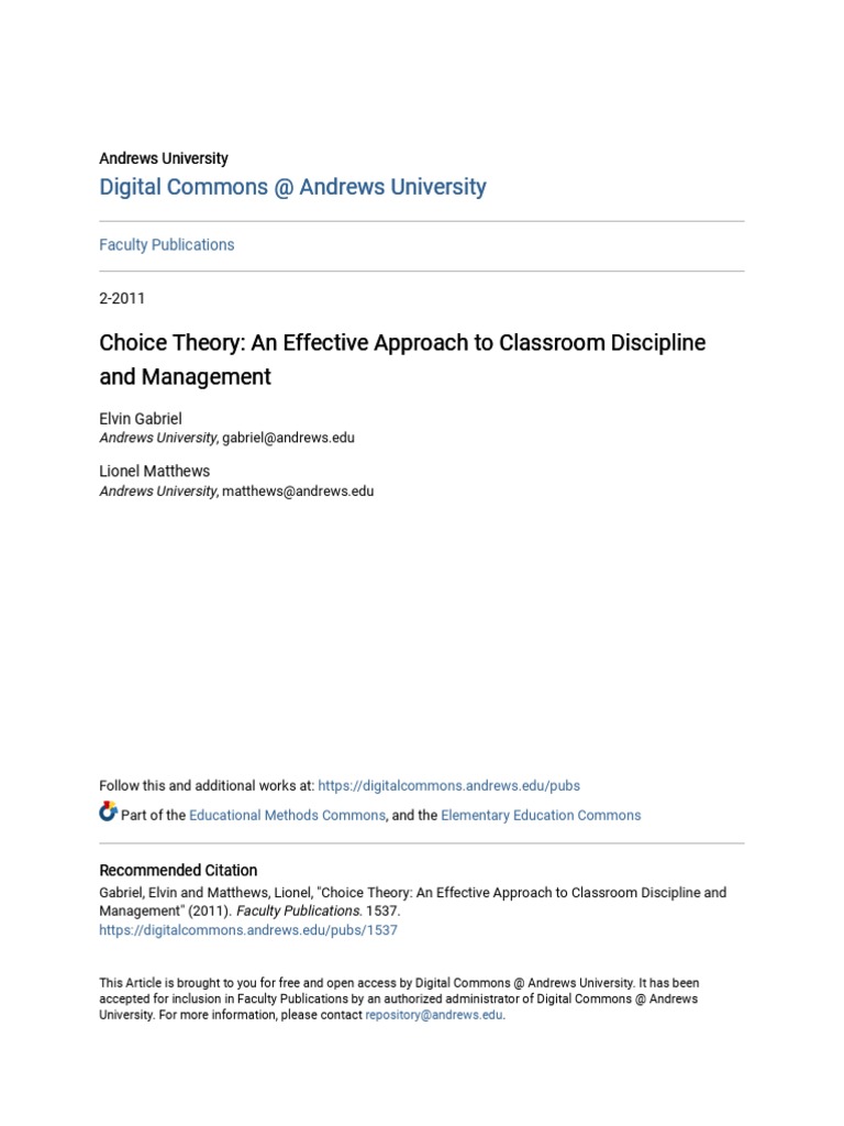 Choice Theory - An Effective Approach To Classroom Discipline and 4 | PDF | Teachers | Classroom ...