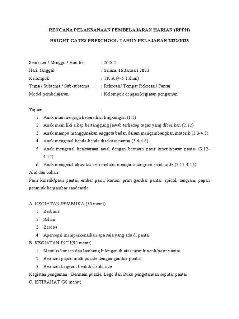 Rencana Pelaksanaan Pembelajaran Harian (RPPH) Bright Gates Preschool ...