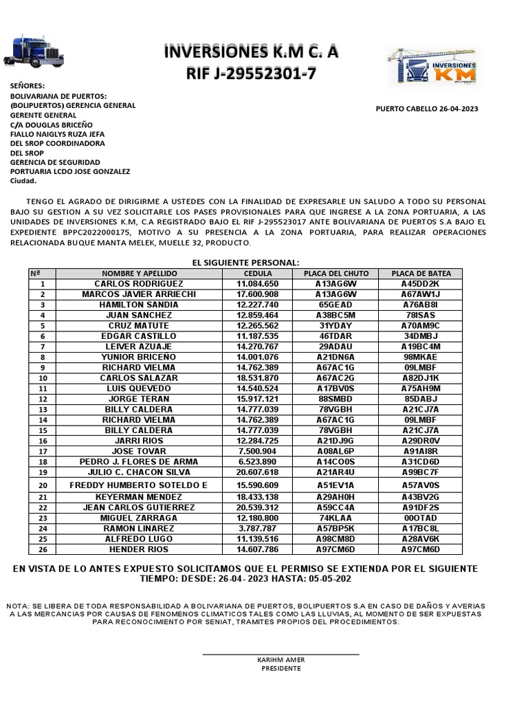 Solicitud de pases provisionales para personal de inversiones KM | PDF | América del Sur