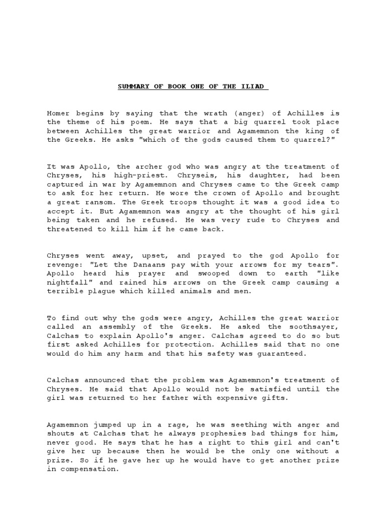 Summary of The Iliad Book 1 | PDF | Achilles | Agamemnon