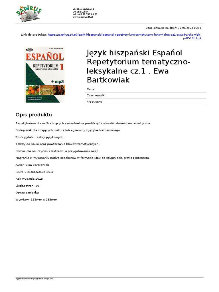 Jezyk Hiszpanski Espanol Repetytorium Tematyczno Leksykalne cz1 Ewa Bartkowiak | PDF