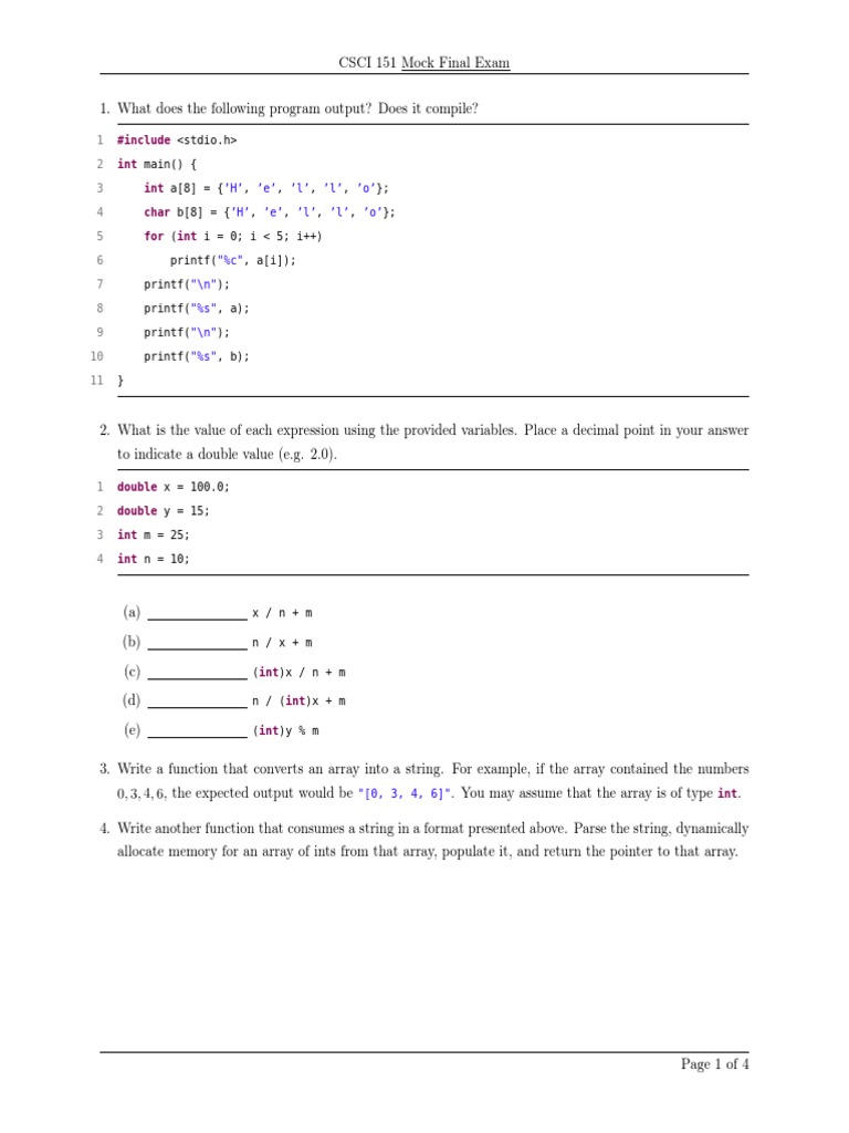 Mock Final Exam (p1) | PDF | Pointer (Computer Programming) | Computer Engineering