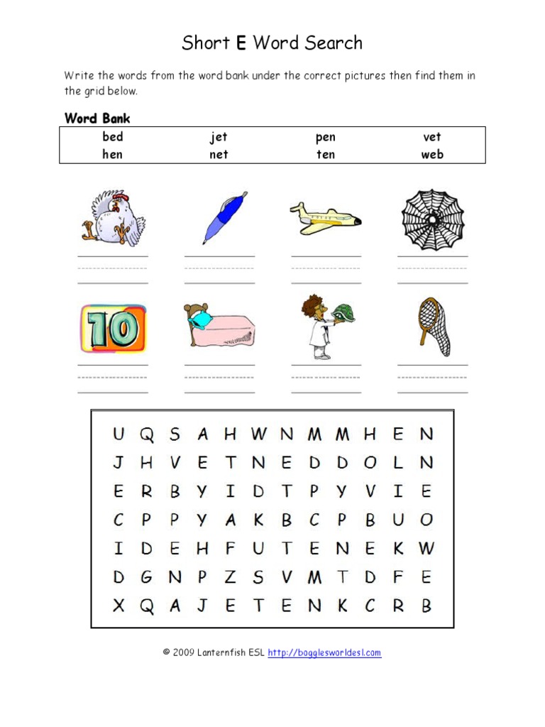 Short E Word Search: Bed Jet Pen Vet Hen Net Ten Web | PDF