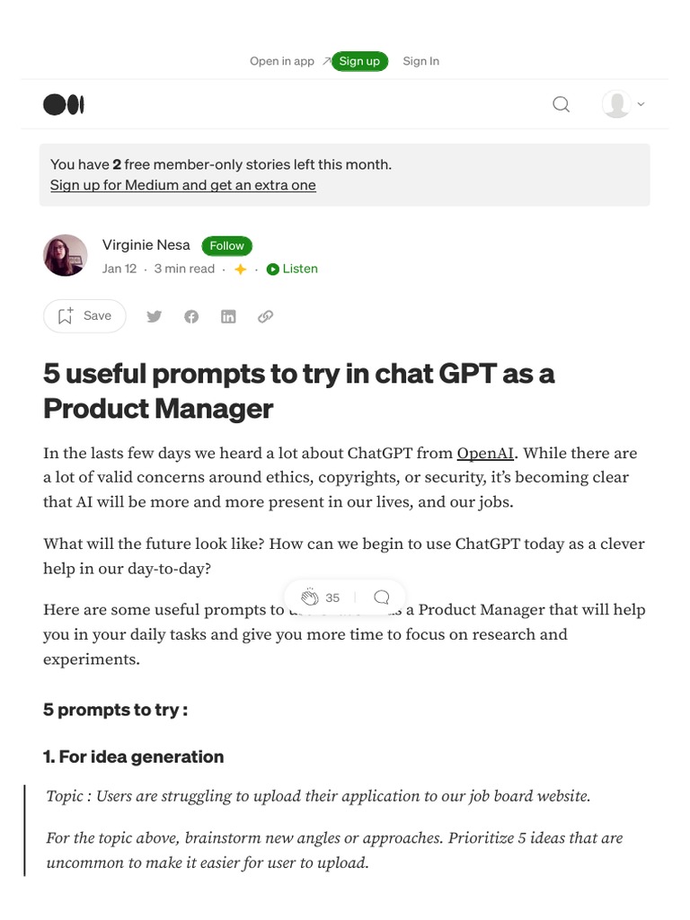 5 Useful Prompts To Try in Chat GPT As A Product | PDF