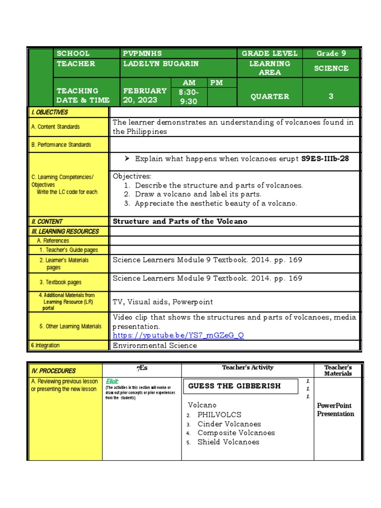 Lesson plan day 1 sTRUCTURES AND pARTS OF A VOLCANO | PDF | Volcano | Lava