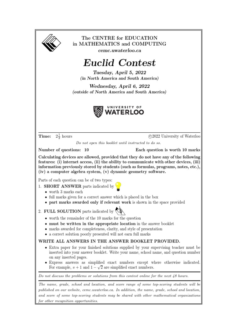 Euclid Contest: The Centre For Education in Mathematics and Computing ...