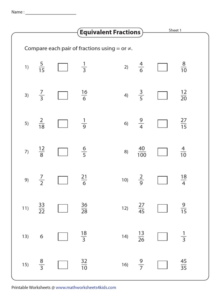 Equivalent Fractions: Compare Each Pair of Fractions Using or | PDF