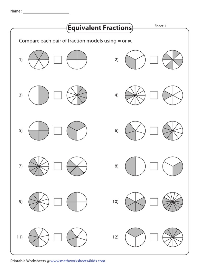 Equivalent Fractions: Compare Each Pair of Fraction Models Using or | PDF