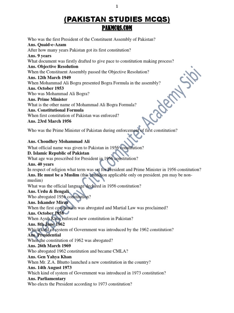 Pakistan Studies Mcqs | PDF | Pakistan | Sindh