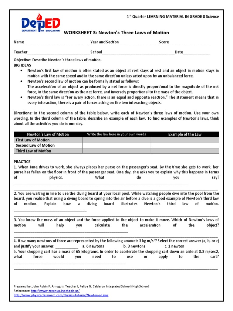 Grade 8 Newton's Laws of Motion Worksheet | PDF | Newton's Laws Of ...
