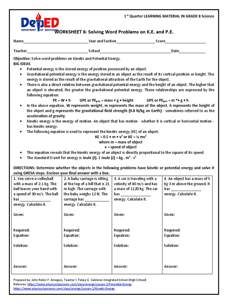 G8-W3 WS2 Solving Word Problems On KE and GPE | PDF | Potential Energy ...