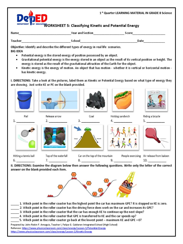 G8-W3 WS1 Classifying Kinetic and Potential Energy | PDF | Potential ...