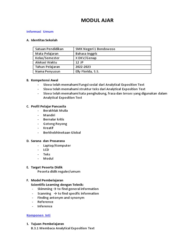 Modul Ajar Teks Eksposisi Analitis | PDF