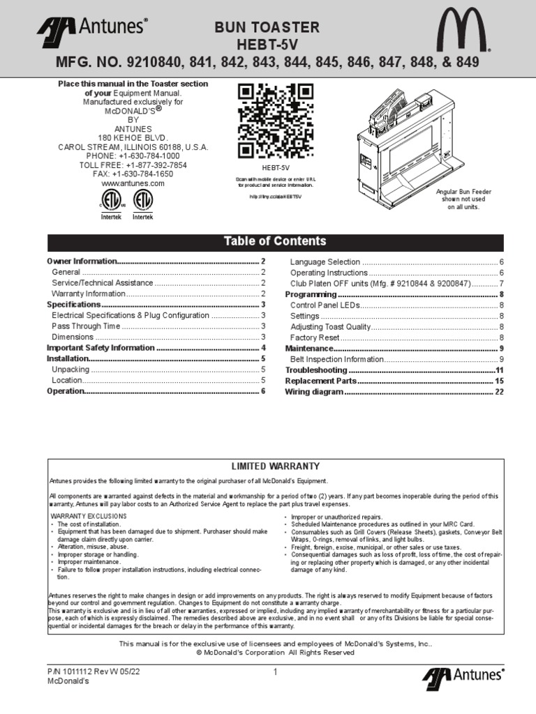 Bun Toaster Hebt-5V MFG. NO. 9210840, 841, 842, 843, 844, 845, 846, 847 ...