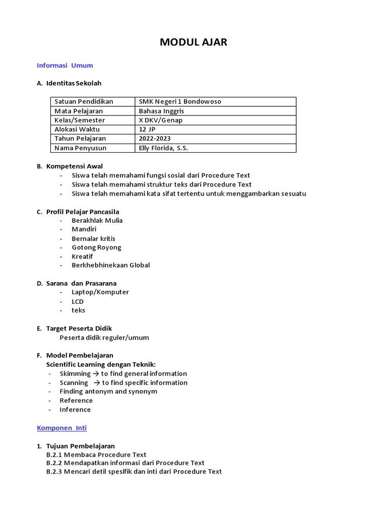 Modul Ajar Procedure Text Kelas 10 DKV | PDF | Karier & Perkembangan