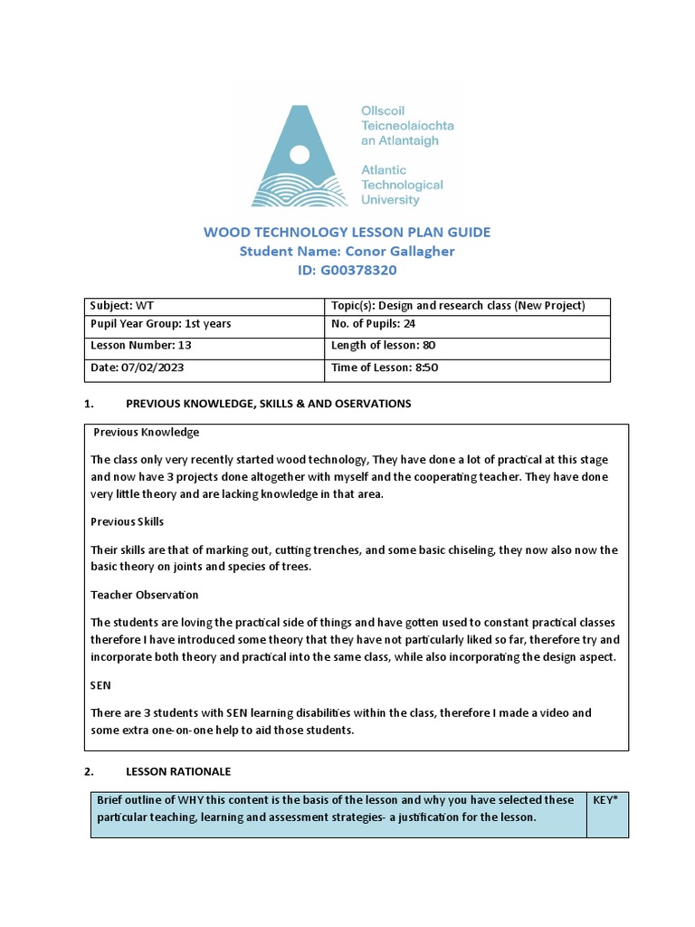 Lesson Plan 13 Wood Technology | PDF | Learning | Lesson Plan