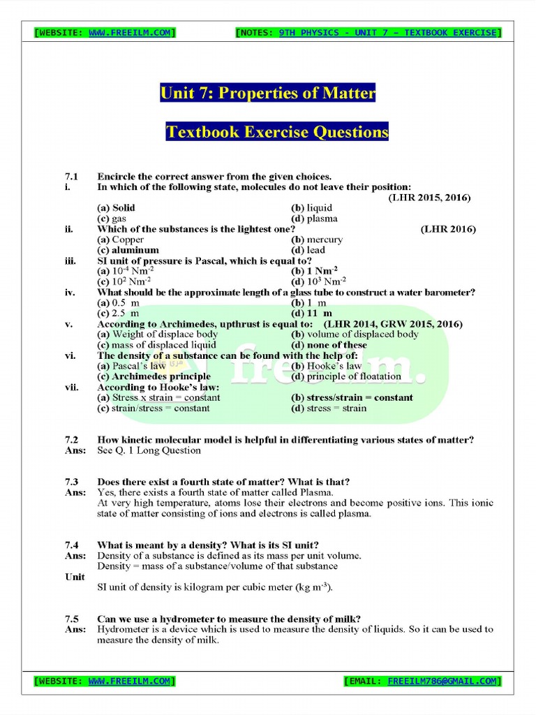 9th Phy CH 7 Exercise | PDF