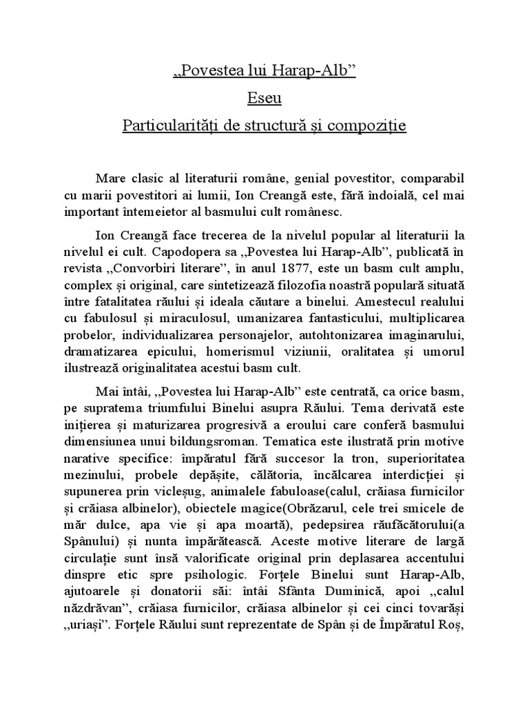 Povestea Lui Harap-Alb - Eseu Basm Cult | PDF