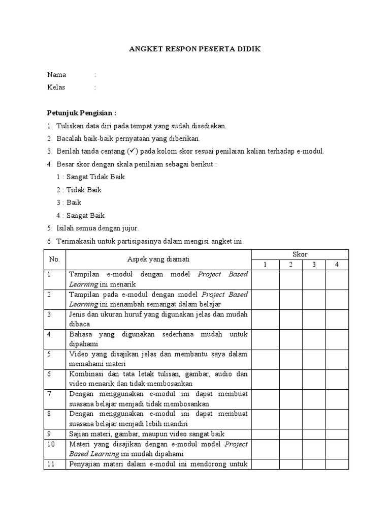 Lembar Angket Respon Siswa | PDF