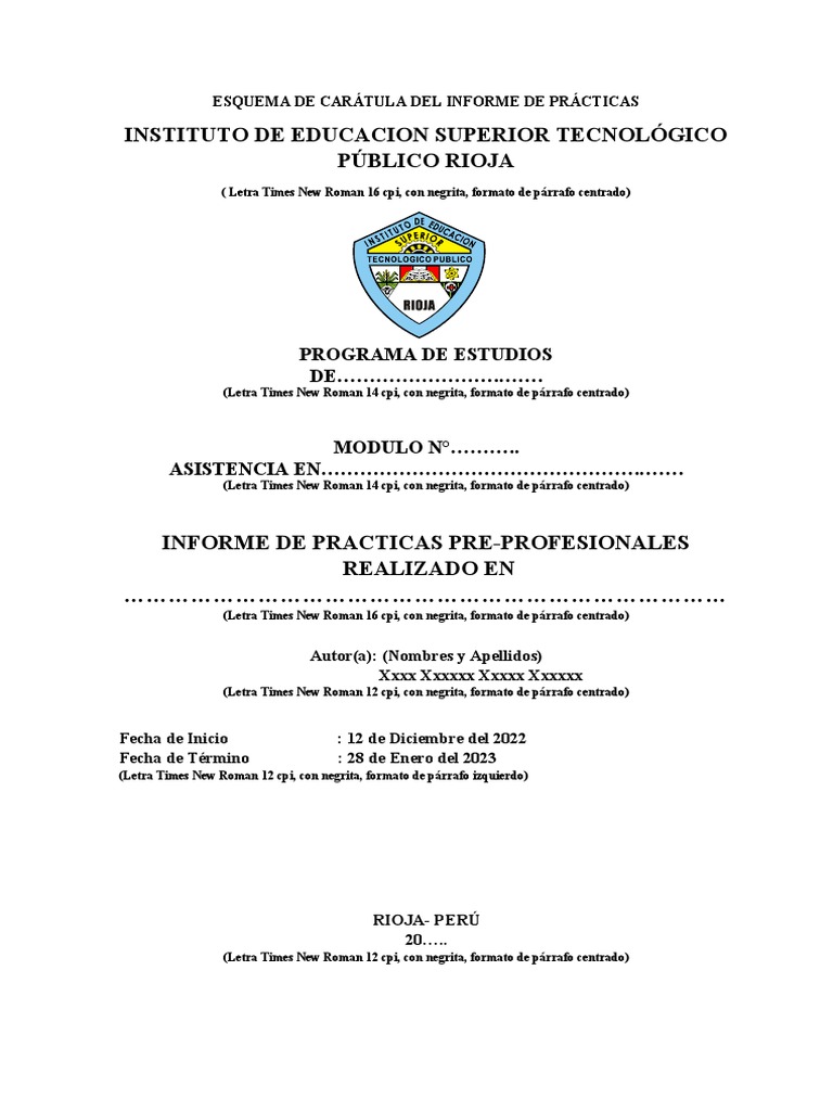 Esquema de Carátula Del Informe de Prácticas | PDF