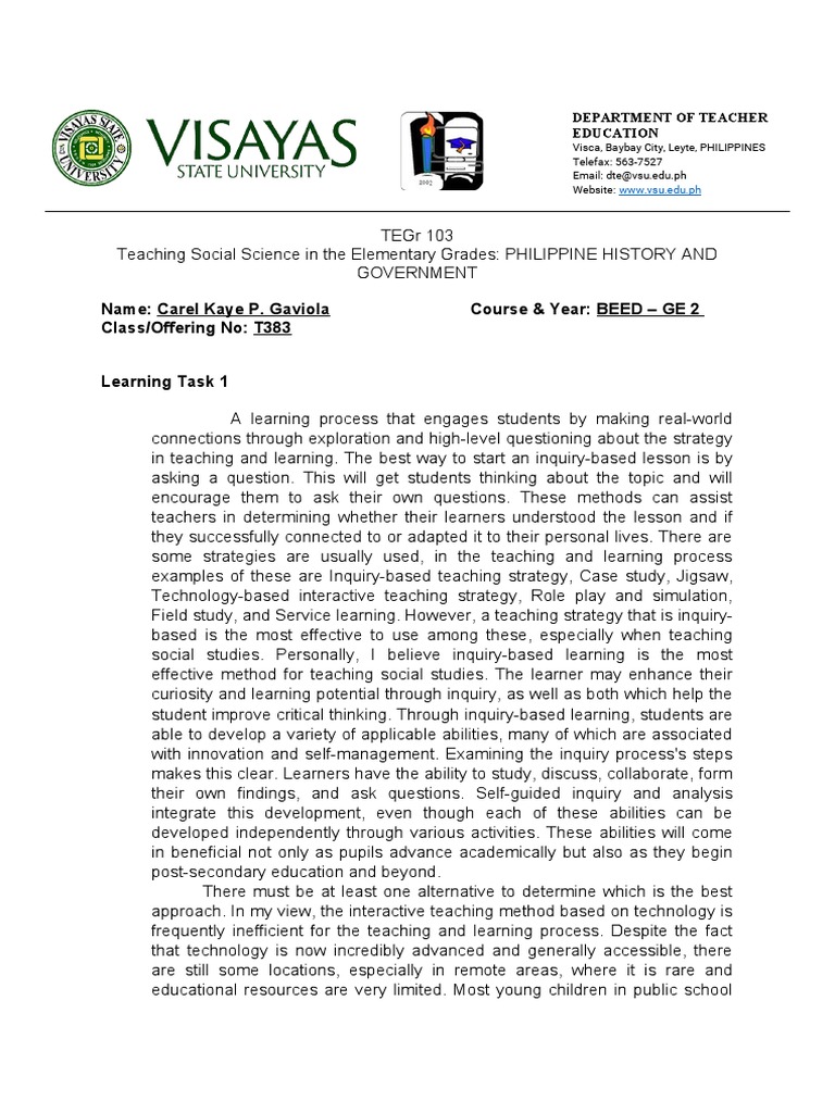 TEGr 103 - SOCIAL STUDIES 6 | PDF | Inquiry Based Learning | Learning