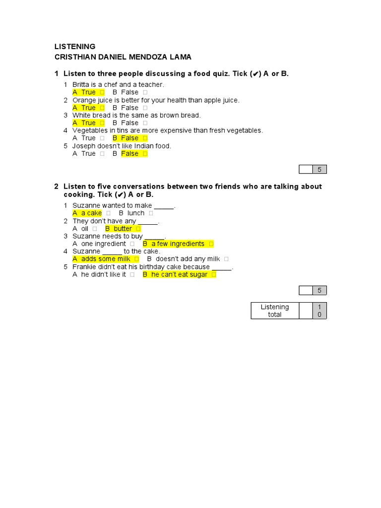 Food Quiz Listening Exercise | PDF
