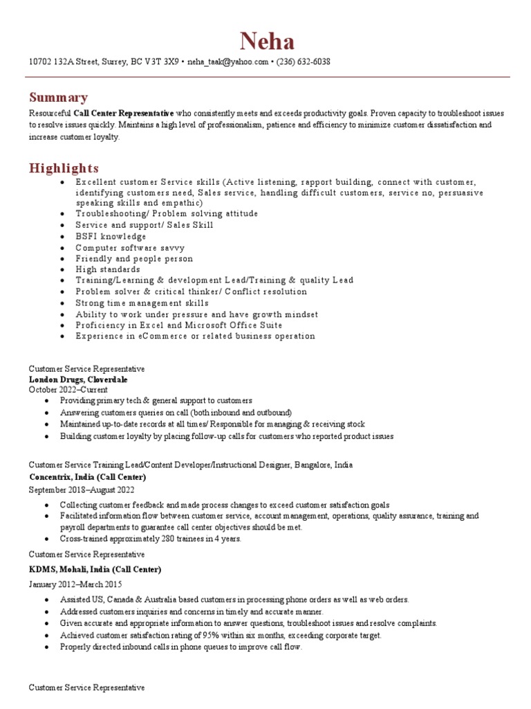 Neha - Customer Care Representative - Call Center - Resume | PDF | Career & Growth | Business